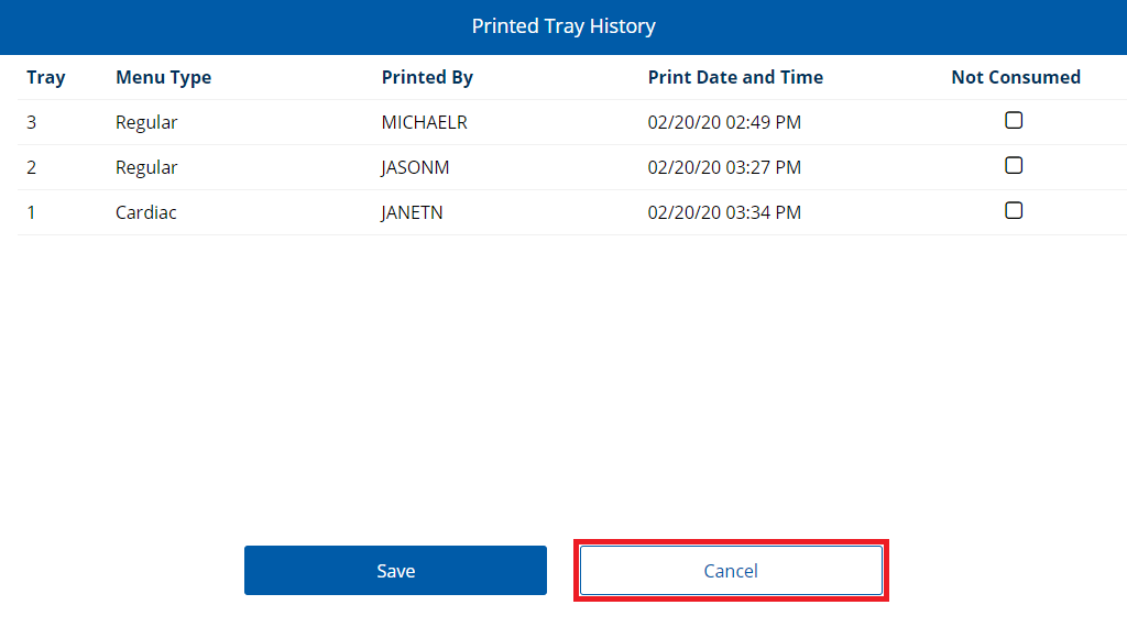 Viewing Tray History for a Patron's Meal Period