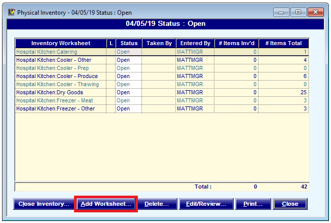 Adding a Worksheet to an Open Inventory